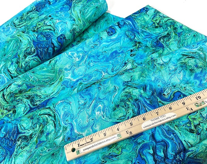 1fat Quarter Left~ Abstract Marble Texture Aqua Color, 100% Cotton ...