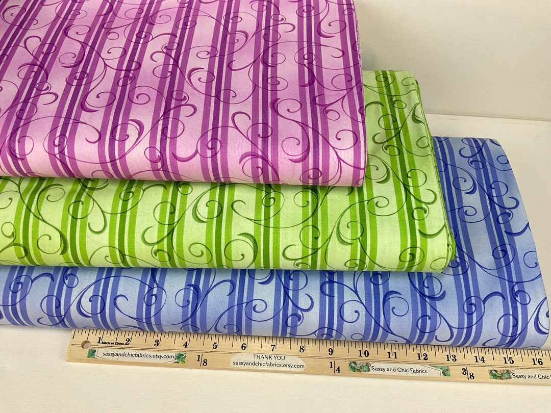 By the Yard ~ Flowerhouse Stripe 3 Colors: Violet/green/blue 100% ...