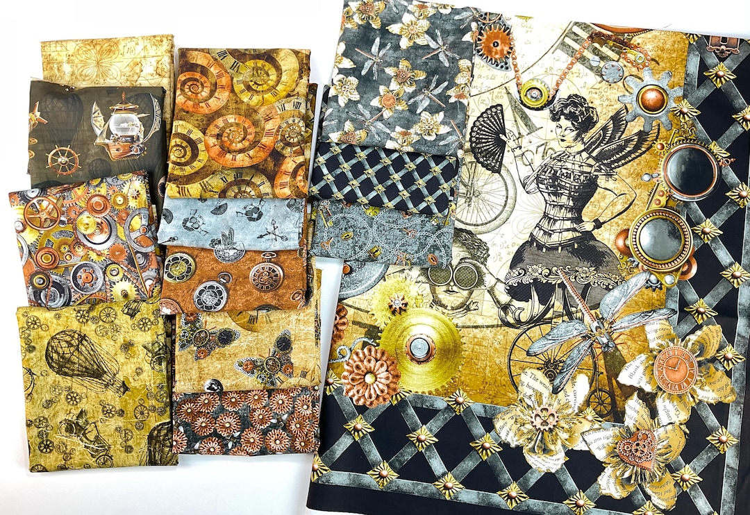12 Fabrics Steampunk Bundle + 35” Full Steam Panel, 100% Quilting ...