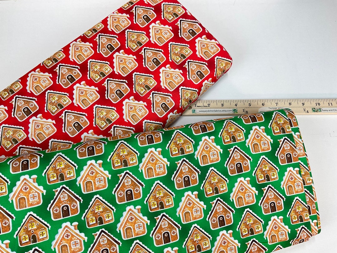 Gingerbread Houses Red or Green Background, 100% Cotton Fabric ~ Sugar ...