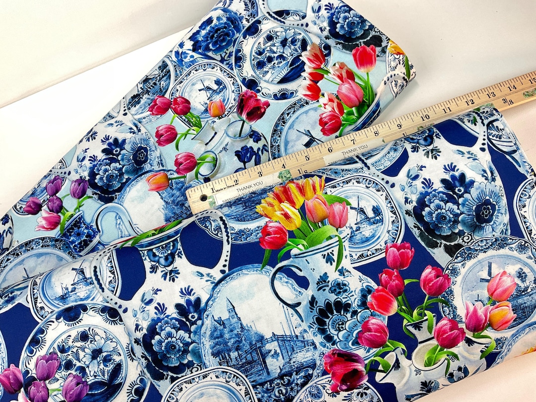 Delft Still Life 2 Colors: Sky or Royal Background, 100% Cotton Fabric ...