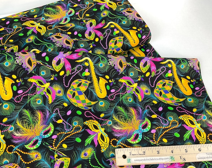 Mardi Gras Masks and Feathers 100% Cotton Fabric ~ Mardi Gras Parade ...