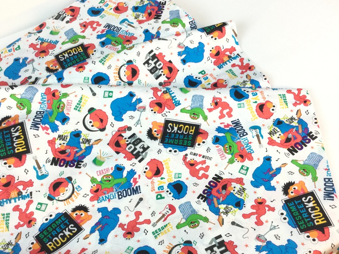 By the Yard ~ Sesame Street Loud Noise Toss White Background Fabric ...