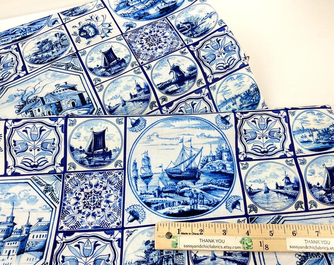 Delft Tilework Blue Background, 100% Cotton Fabric ~ Spring in Delft ...