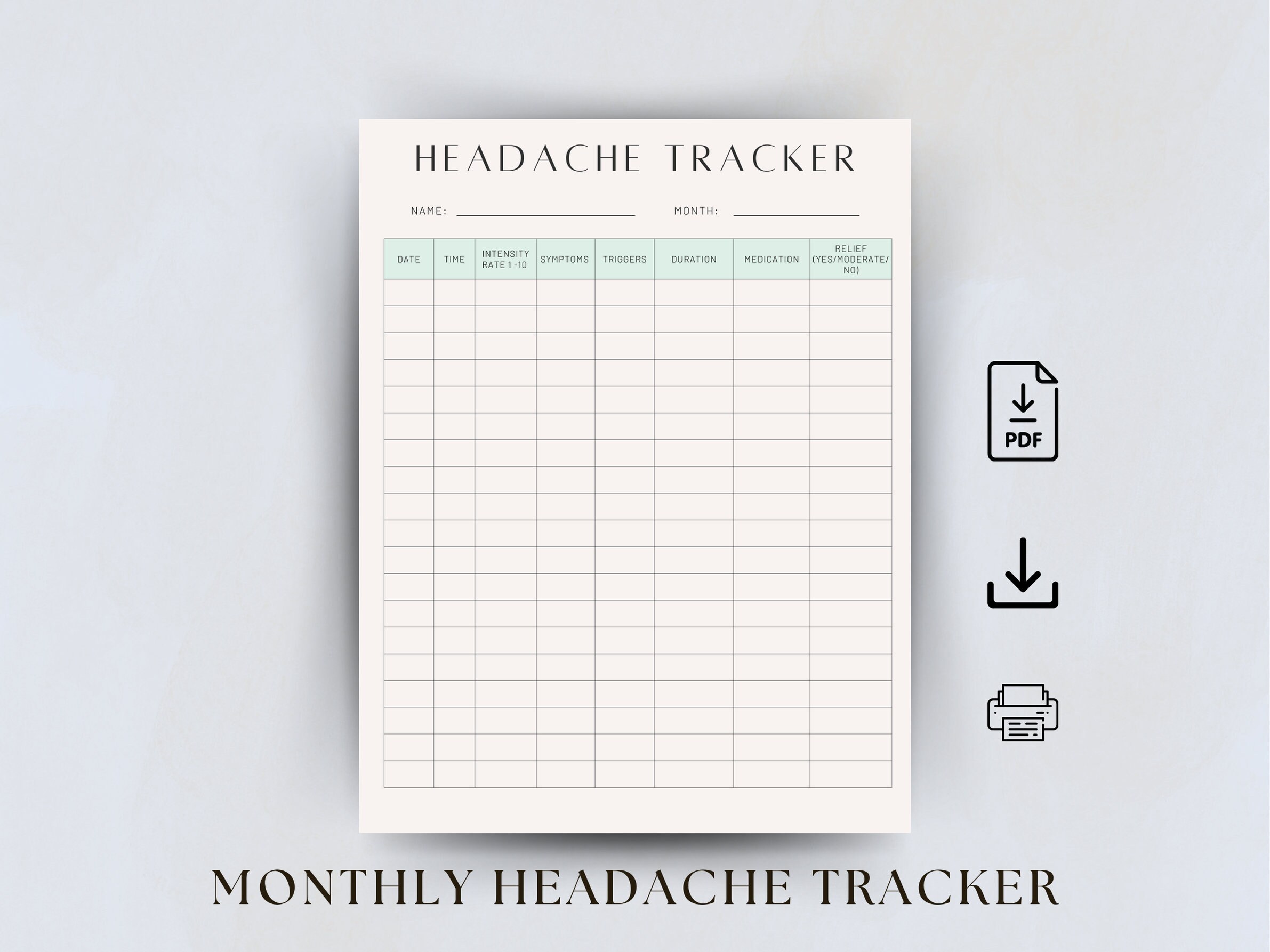 Monthly Headache Tracker Printable Template, Headache Pain Tracker ...