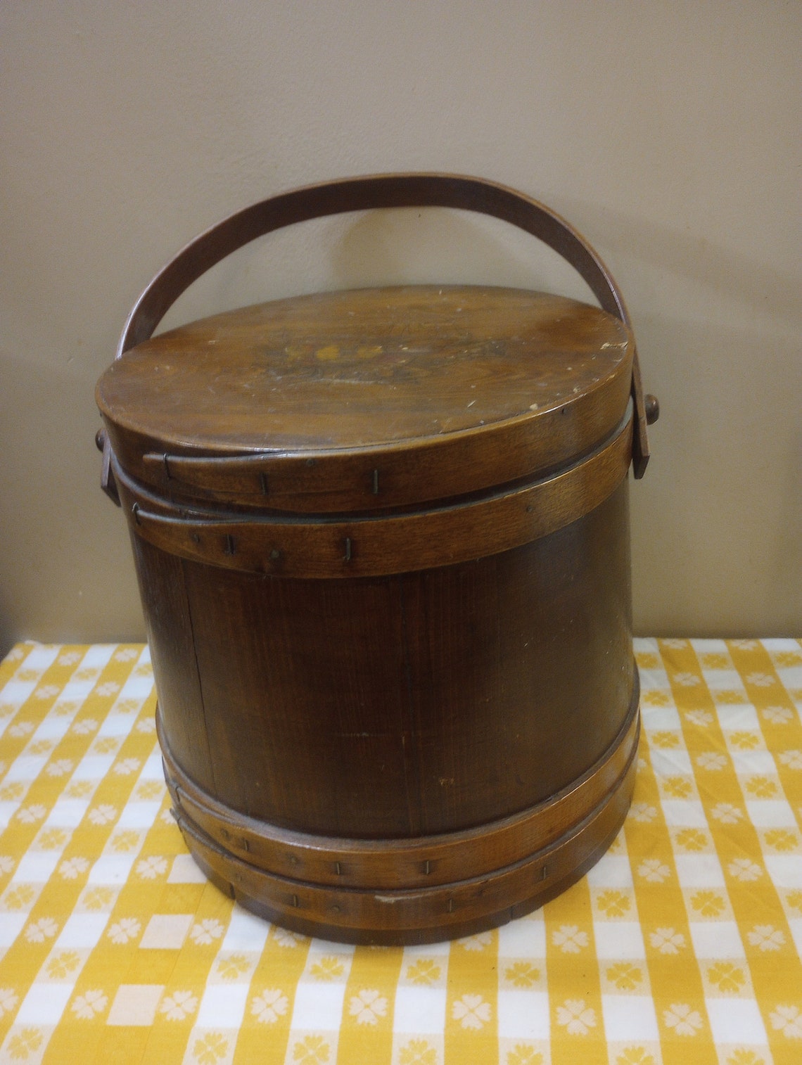 Antique Wooden Firkin/sugar Bucket W/handle & Embossed Decorative Lid ...
