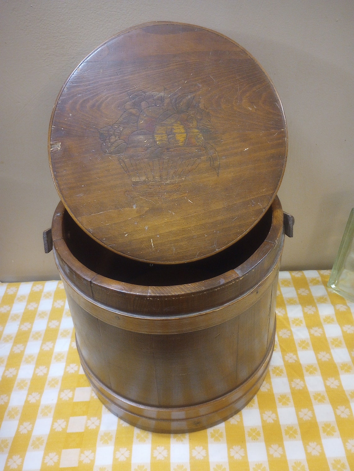 Antique Wooden Firkin/sugar Bucket W/handle & Embossed Decorative Lid ...
