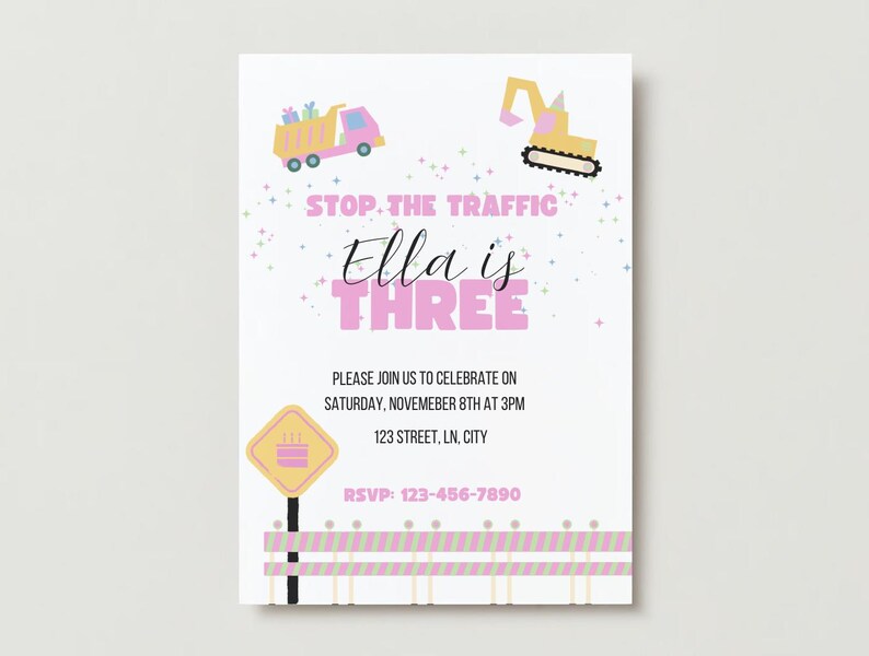 Stop the Traffic Construction Girls Birthday Invitation Template, Pink ...