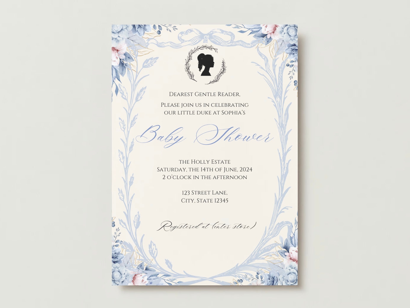 Bridgerton Theme Baby Shower Invitation Template, Blue Floral Baby ...