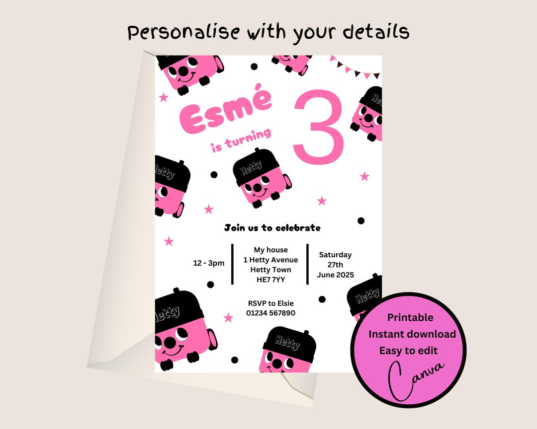 Personalised Hetty Hoover Birthday Party Invitation Download Child ...