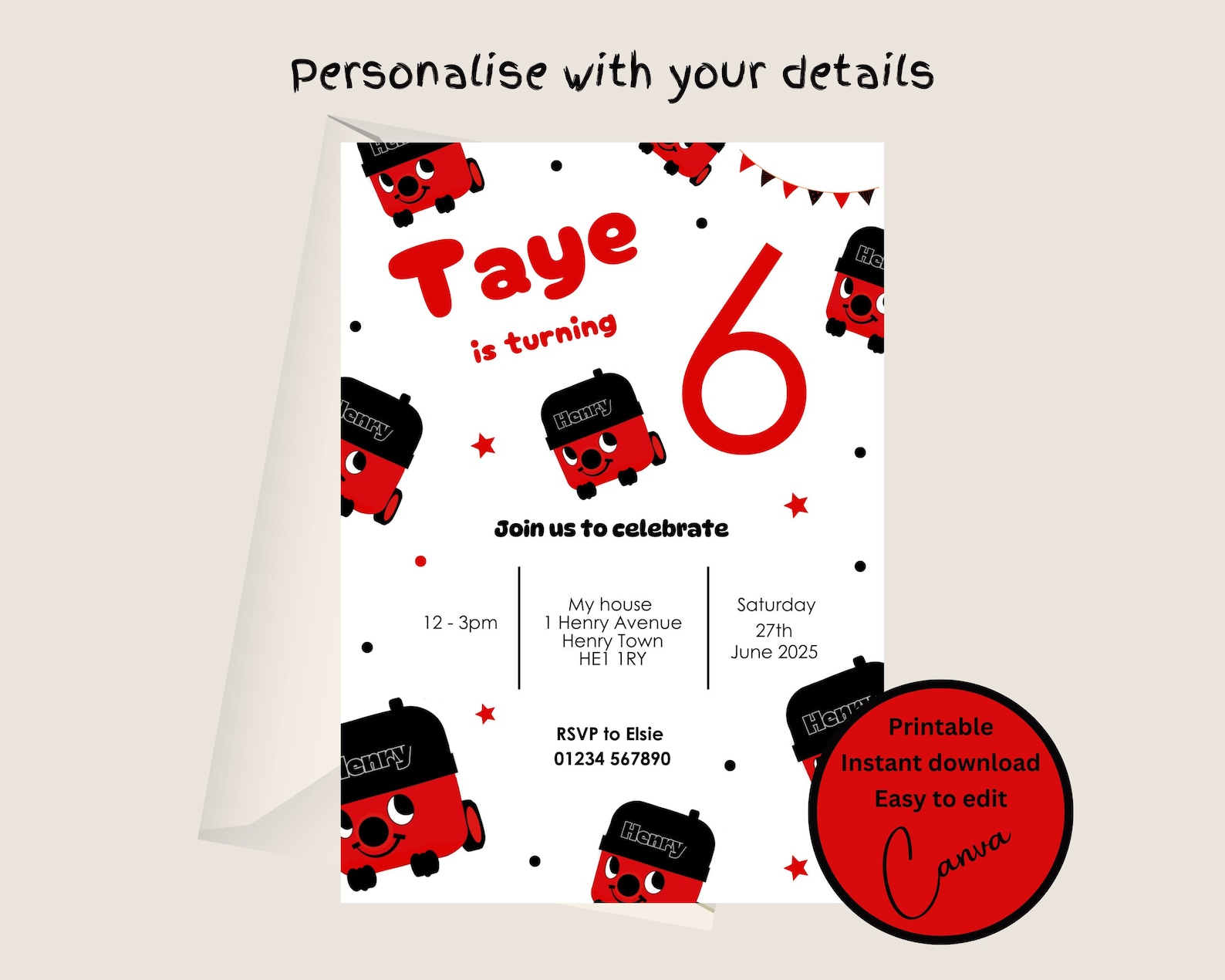 Personalised Henry Hoover Birthday Party Invitation Download Child ...