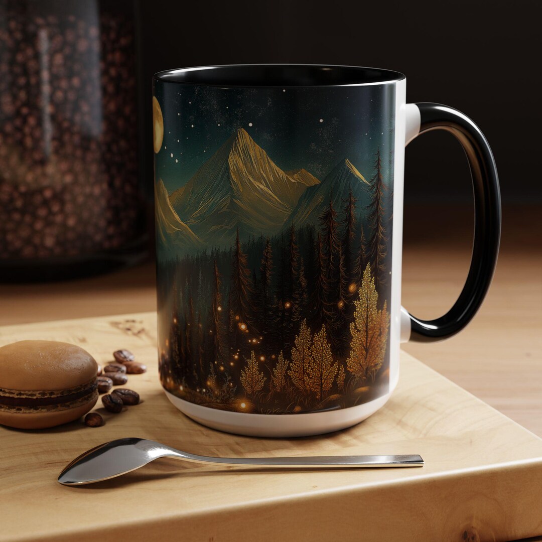 Mystical Moonlit Mountain Mug - Firefly Forest Landscape - Enchanting ...