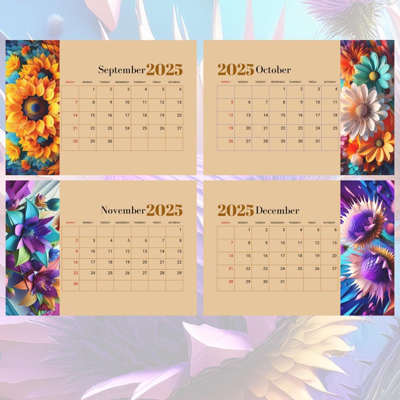 Calendar 2025 Flowers Printable, Calendar Floral Theme 2025 Romance of ...
