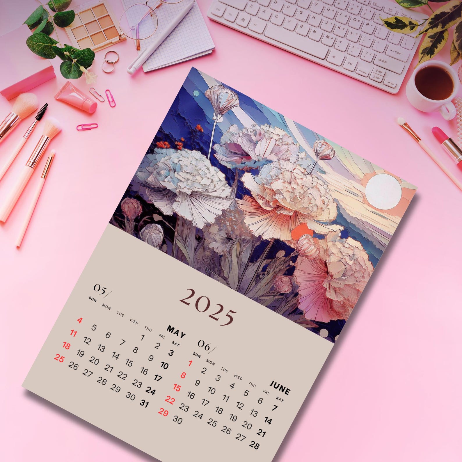 Printed Calendar 2025 With Illustrations of Flowers, Calendar Flowers ...