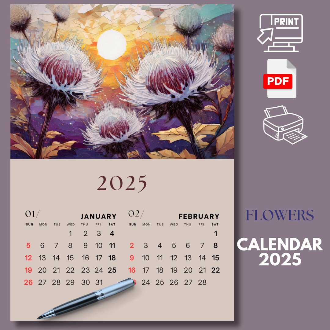 Printed Calendar 2025 With Illustrations of Flowers, Calendar Flowers ...