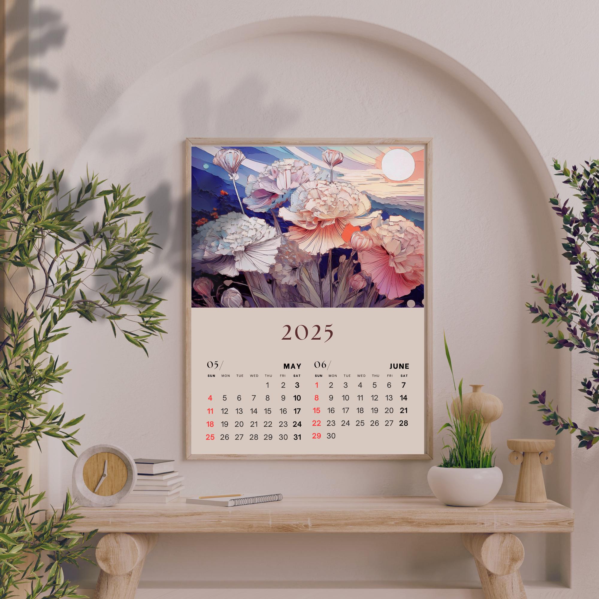 Printed Calendar 2025 With Illustrations of Flowers, Calendar Flowers ...