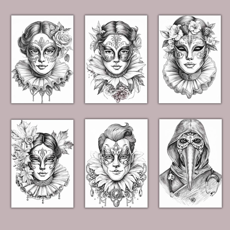 Grayscale 20 Coloring Pages Venice Carnaval for Children. Various ...