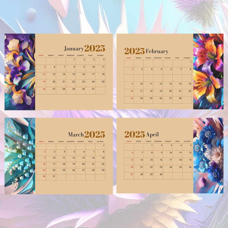 Calendar 2025 Flowers Printable, Calendar Floral Theme 2025 Romance of ...