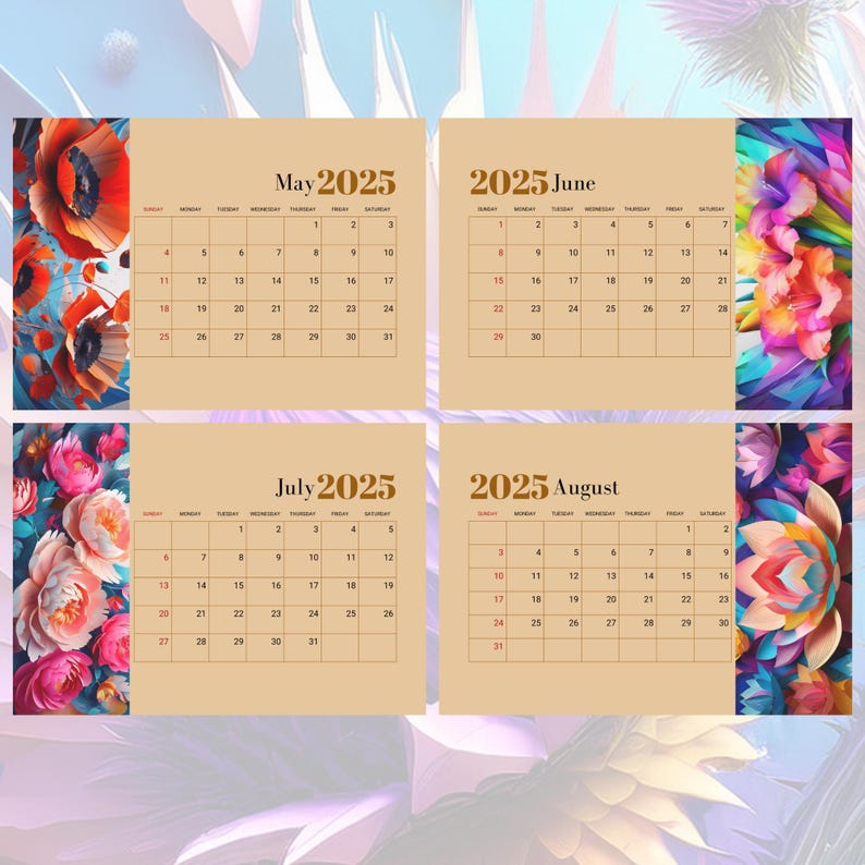Calendar 2025 Flowers Printable, Calendar Floral Theme 2025 Romance of ...