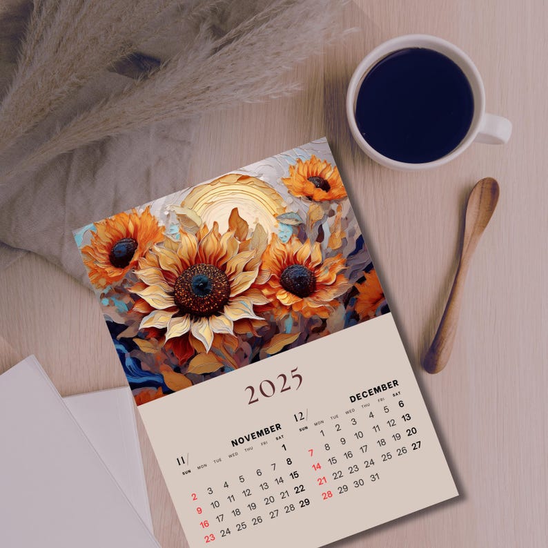 Printed Calendar 2025 With Illustrations of Flowers, Calendar Flowers ...