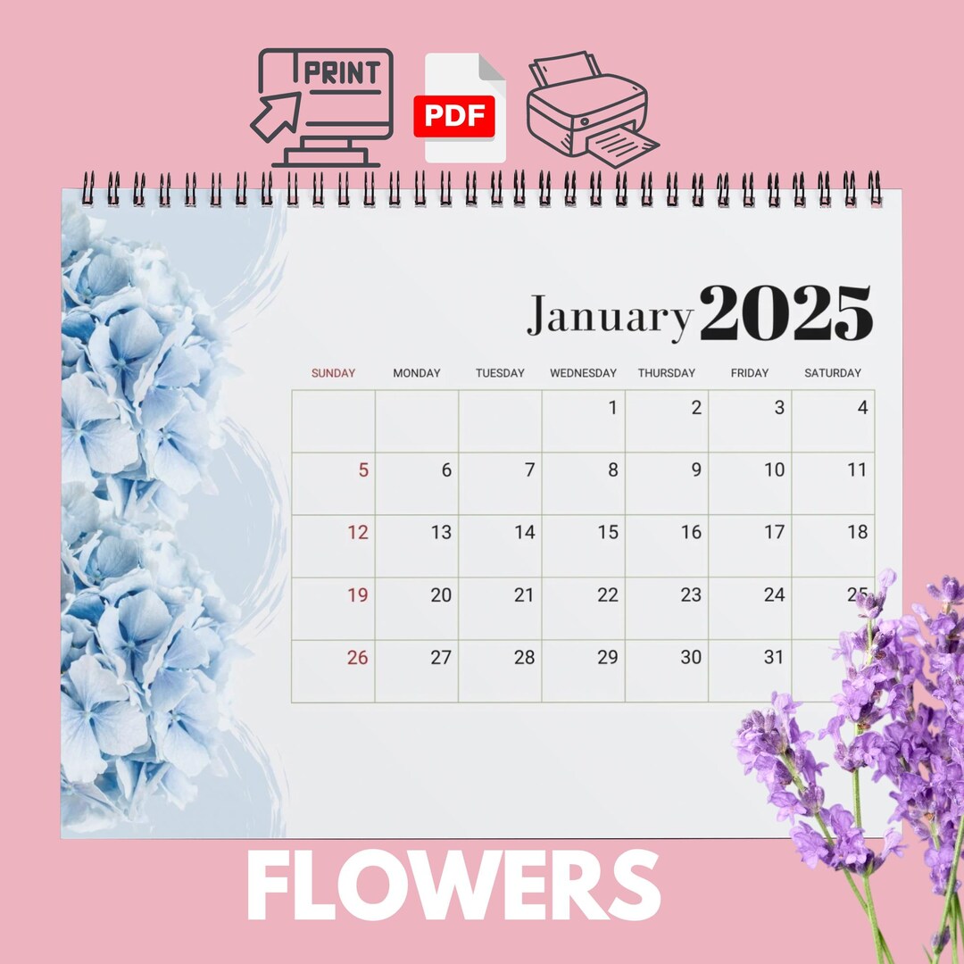 Printable Calendar 2025 Flowers Design, Elegant Calendar. Romance of ...