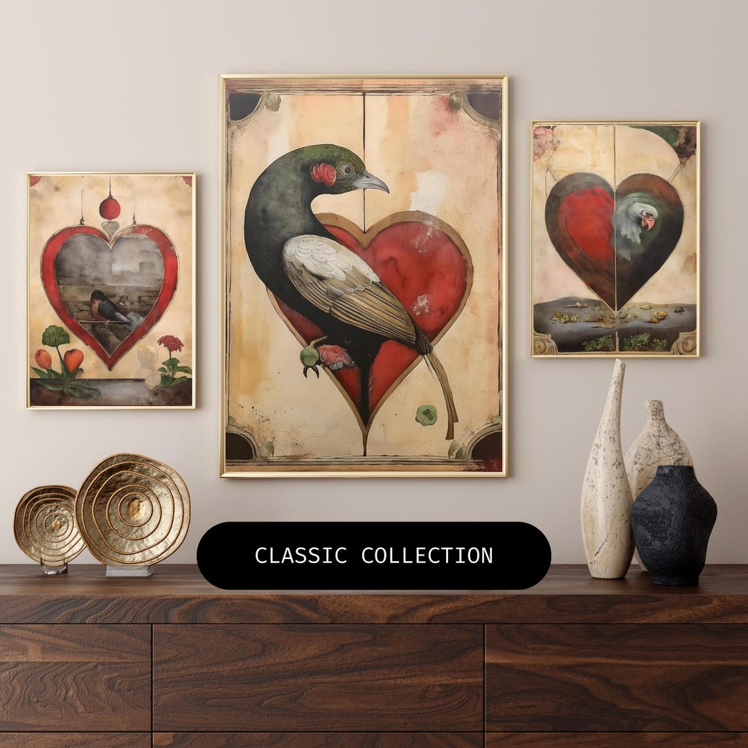 Ancient Roman Frescoes Romantic Print Art Set of 3 Paintings Heart and ...