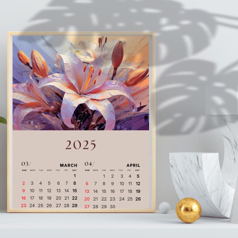 Printed Calendar 2025 With Illustrations of Flowers, Calendar Flowers ...