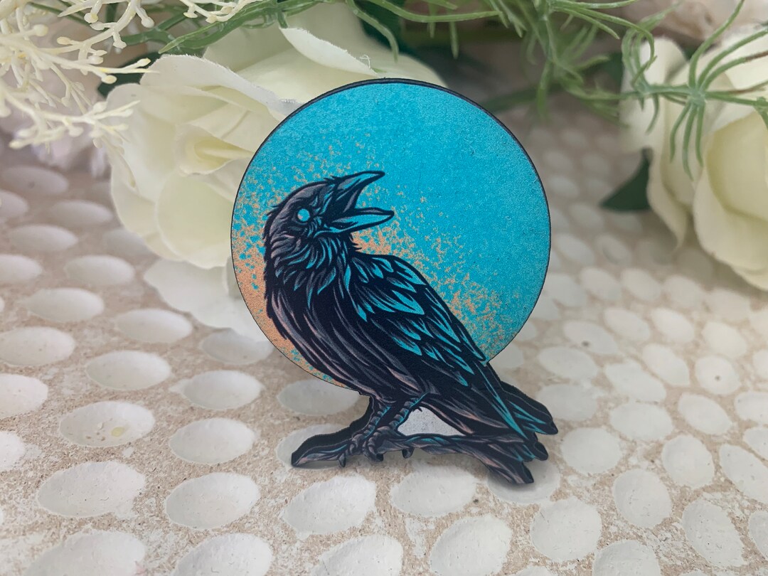 Black Raven on Turquoise Aqua Moon Print Wooden Brooch - Etsy