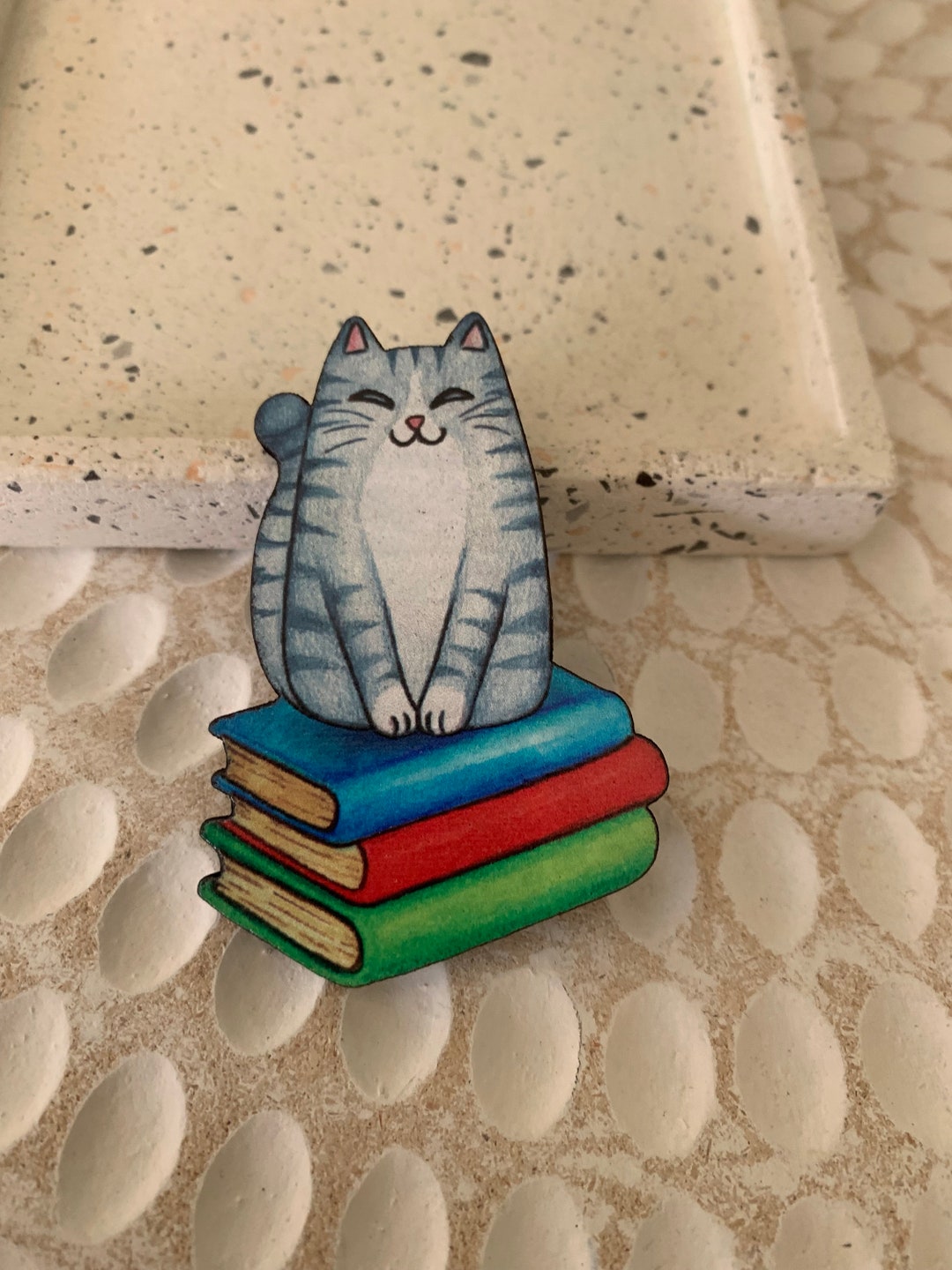Cat on Nest of Books Wooden Brooch - Etsy