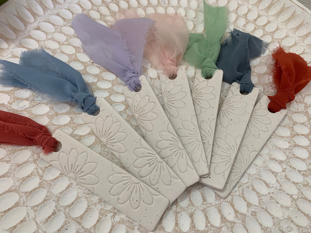 White Granite Floral Printed Polymer Clay Bookmark With Frayed Silk ...