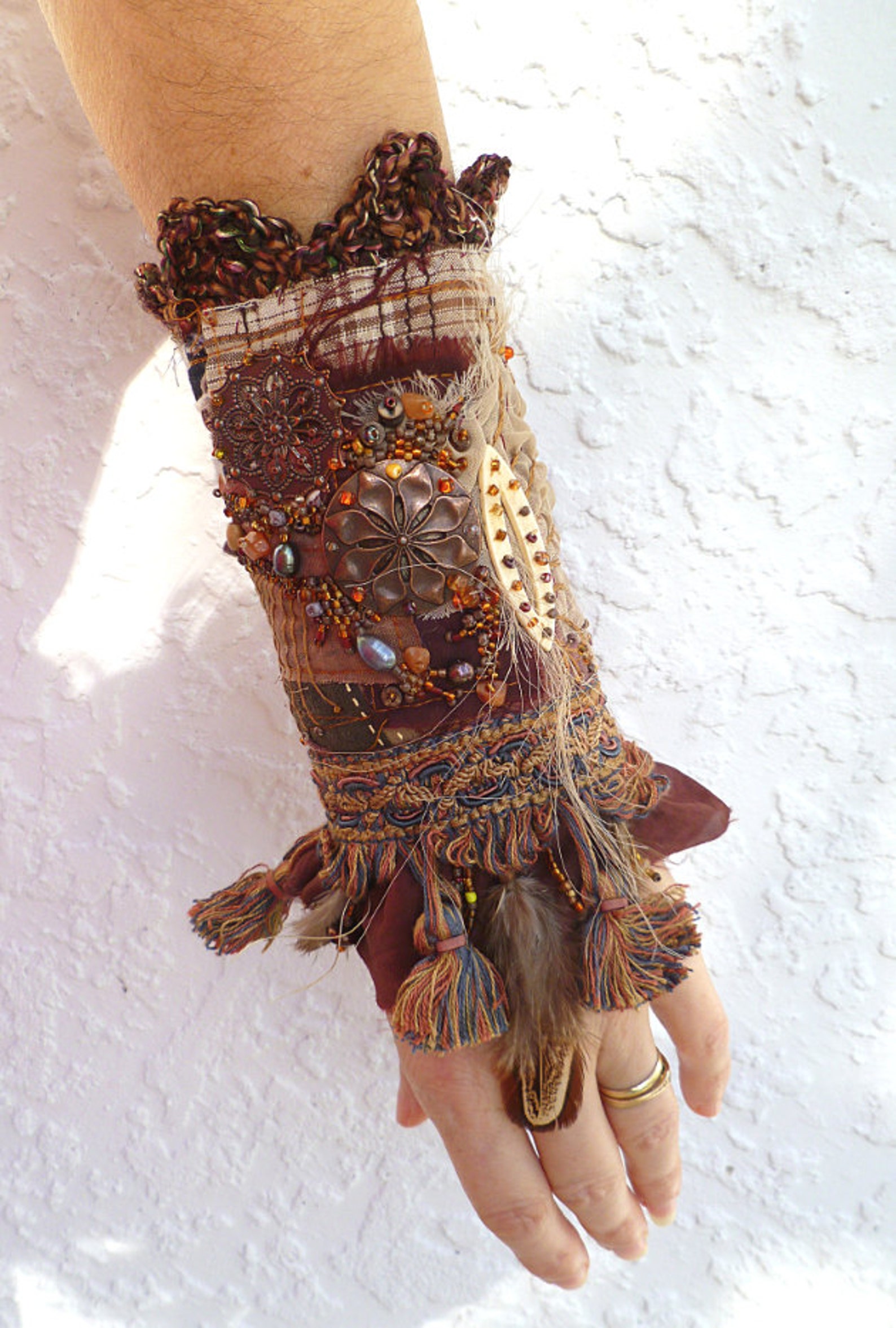 Bohemian Hand Stitched Embroidery Cuff Fabric Collage Fiber - Etsy