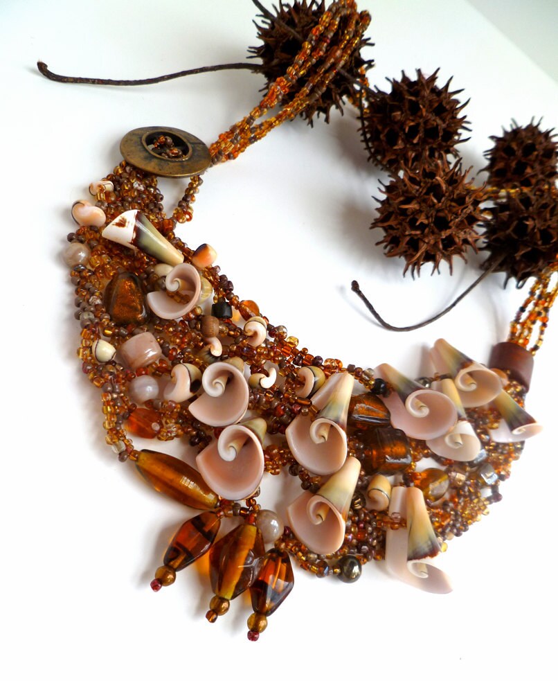 Beaded bib shell necklace free form peyote stitch wearable art | Etsy