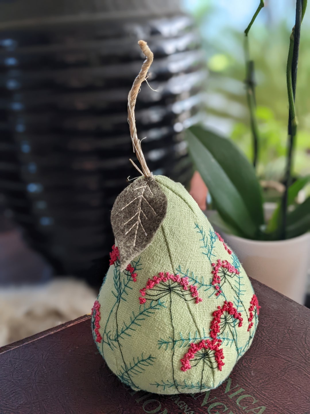 Embroidered Linen Pear Pincushion | Handmade Soft Sculpture Home Decor ...
