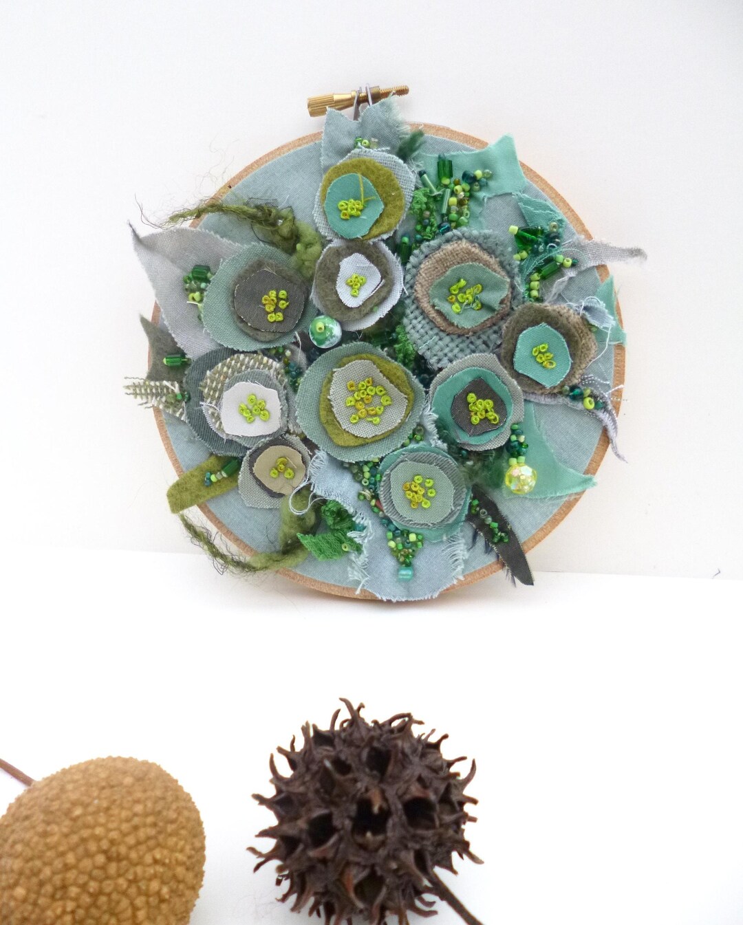 Floral Fiber Collage Embroidery Hoop Art - Beaded Home Decor - Etsy
