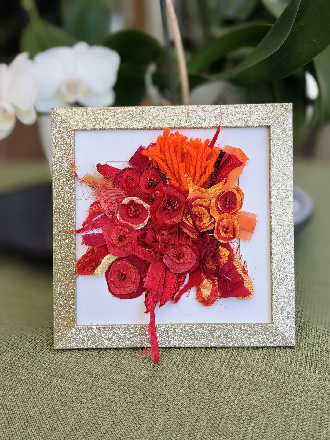 Floral Hand Stitched Assemblage, Red Flowers, Framed Table Decor ...