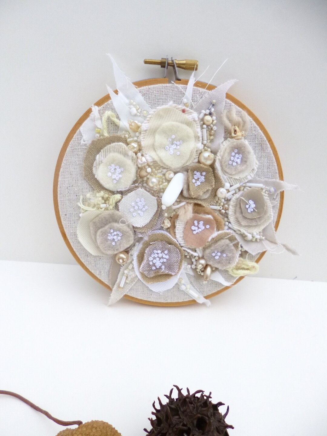 Hand Embroidery, Hoop, Floral, Fiber Collage, Bead Embroidery, Home ...