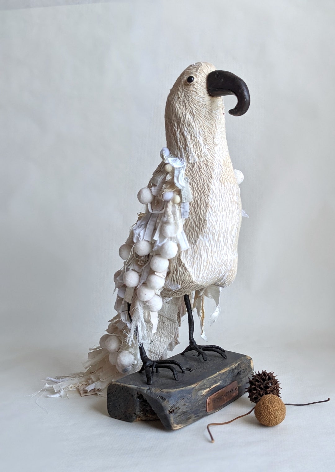 Bird Soft Sculpture Fiber Art Home Decor White Parrot Hand Stitched ...