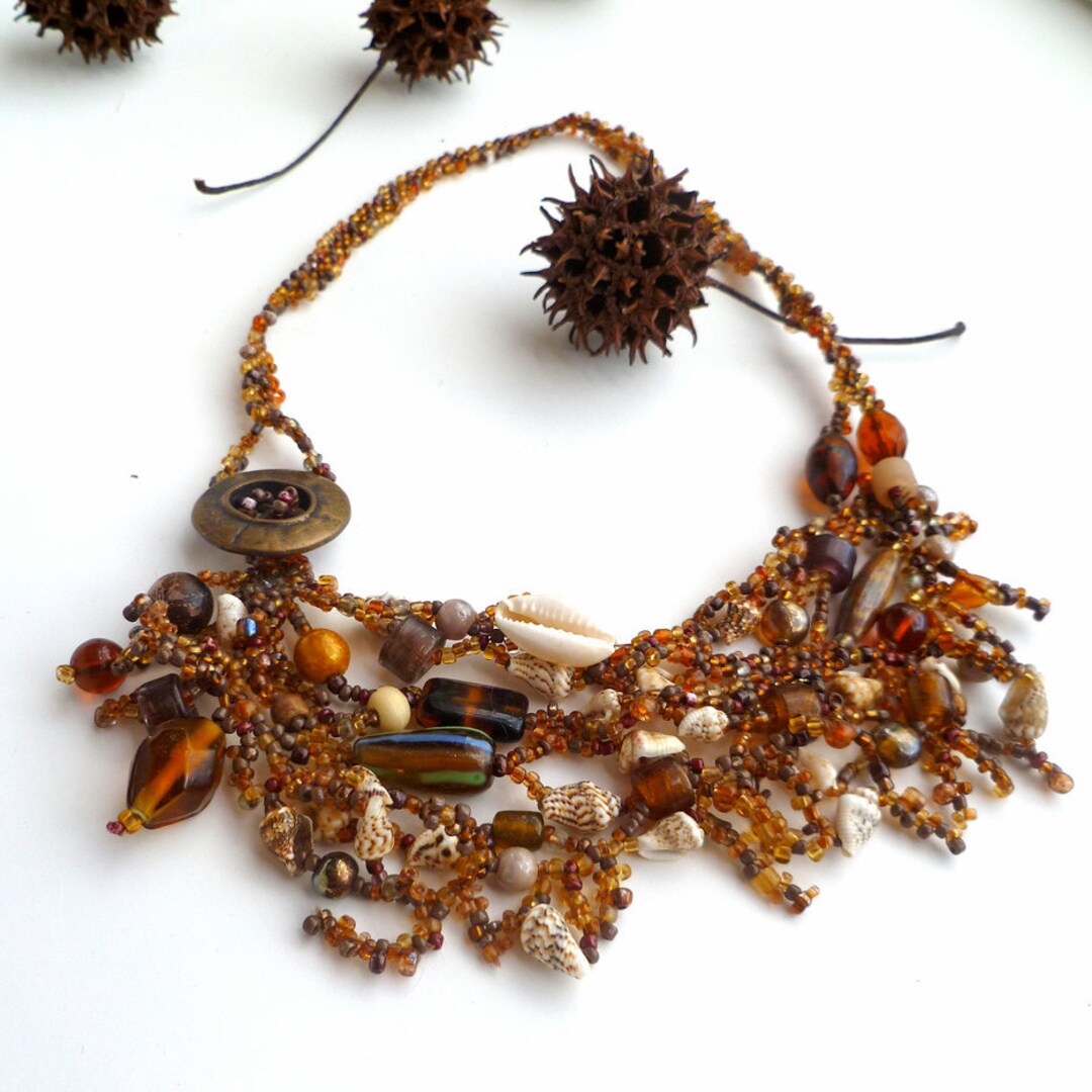 Brown Necklace, Beaded Shell Necklace, Choker Beadwork, Bohemian Style ...