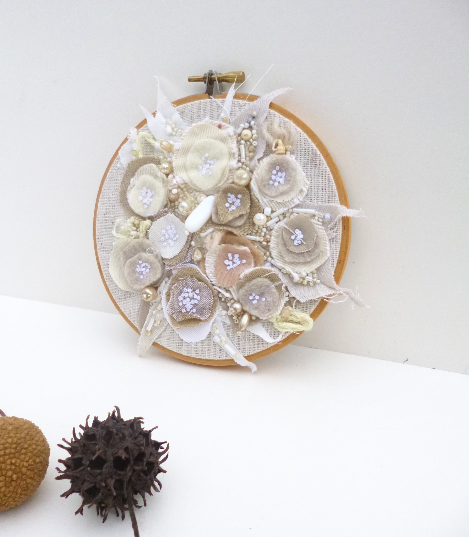 Hand Embroidery Hoop Floral Fiber Collage Bead Embroidery Home | Etsy