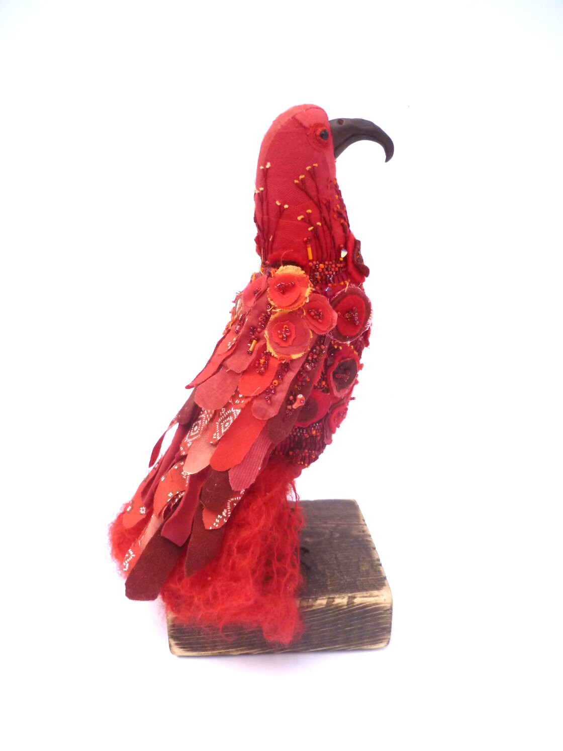 Bird sculpture red parrot fabric collage textile art hand | Etsy