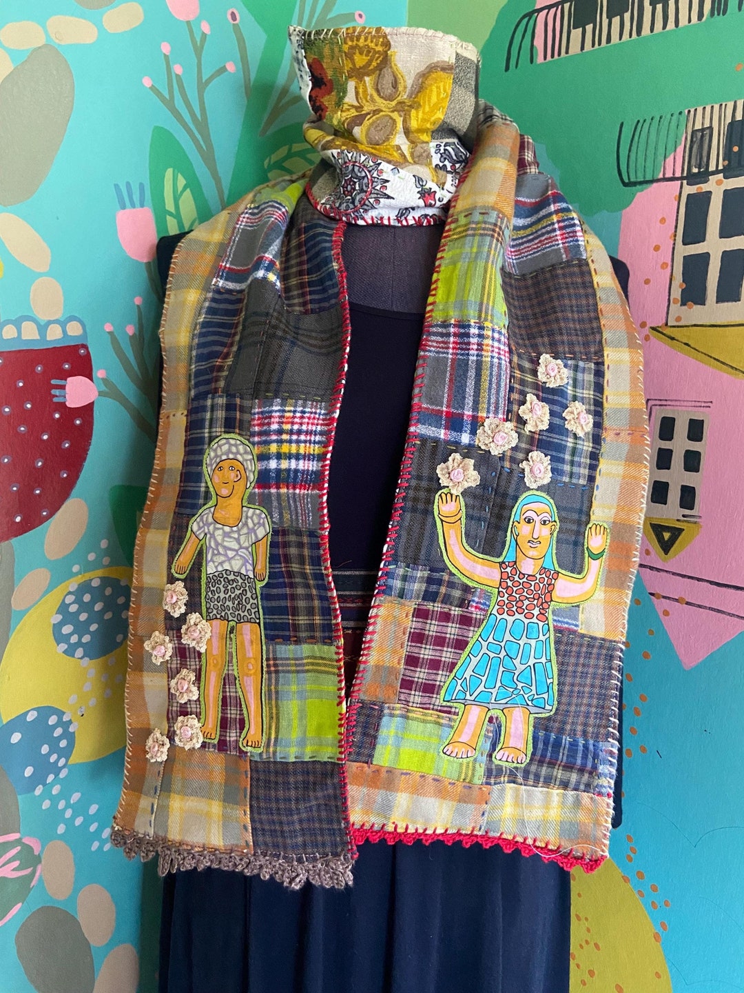 Art Scarf Patchwork Wearable Art Handmade Whimsical Colorful One of a ...