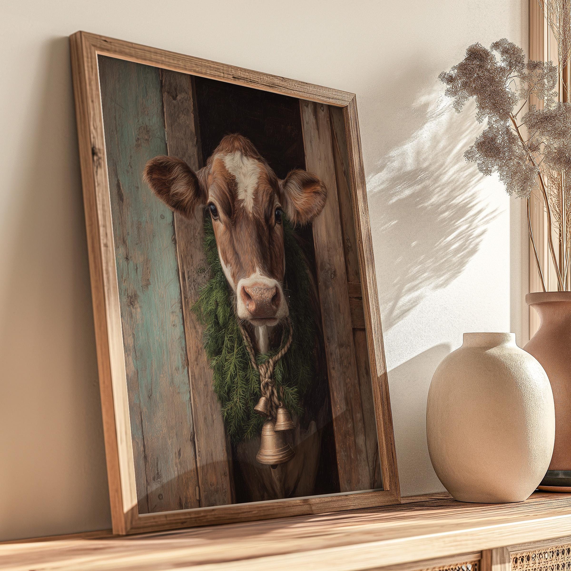 Festive Christmas Cow Print, Rustic Farmhouse Wall Art, Cozy Christmas ...