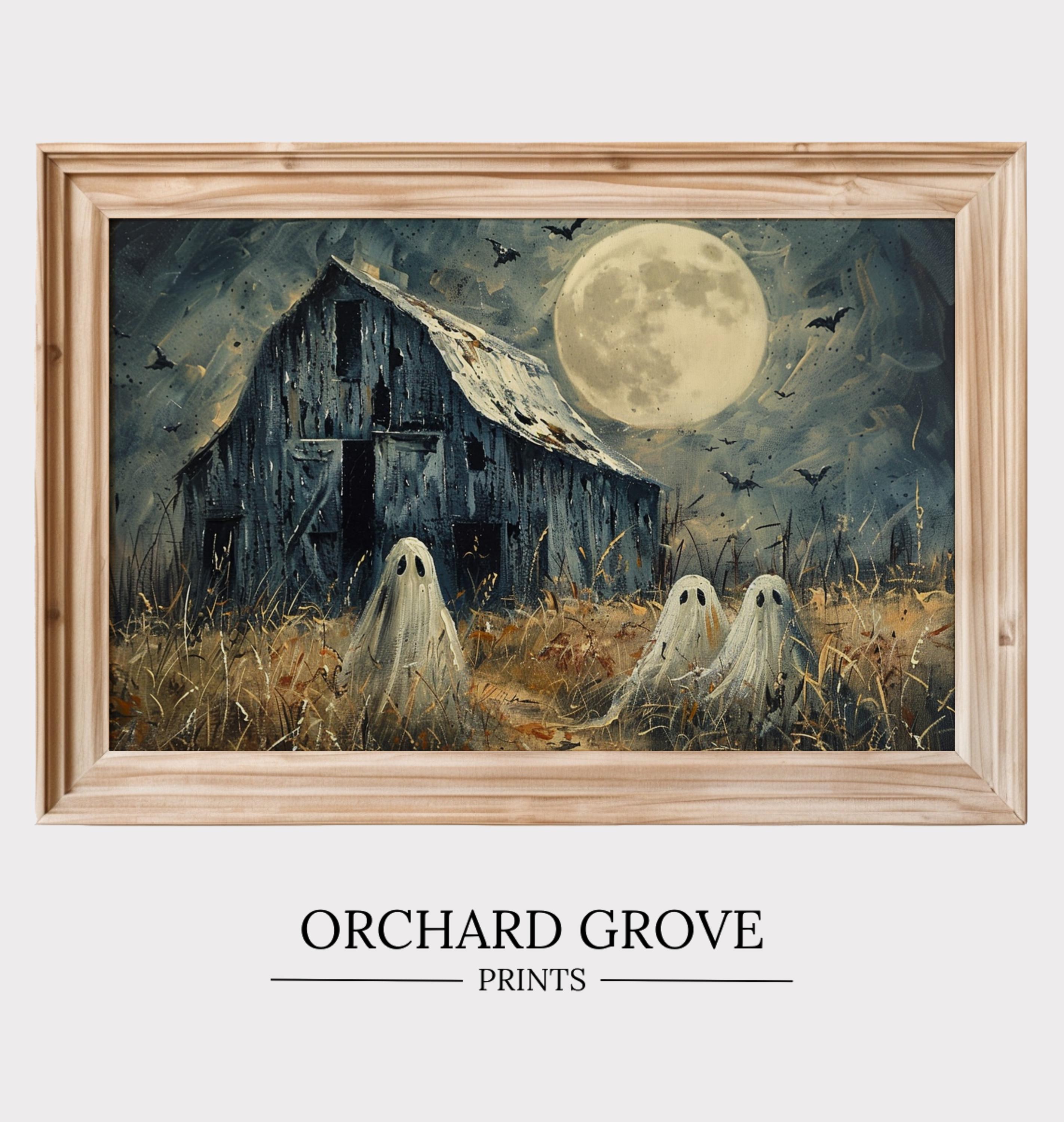 Cute Ghosts Haunted Halloween Farmhouse Spooky Barn Painting Vintage ...