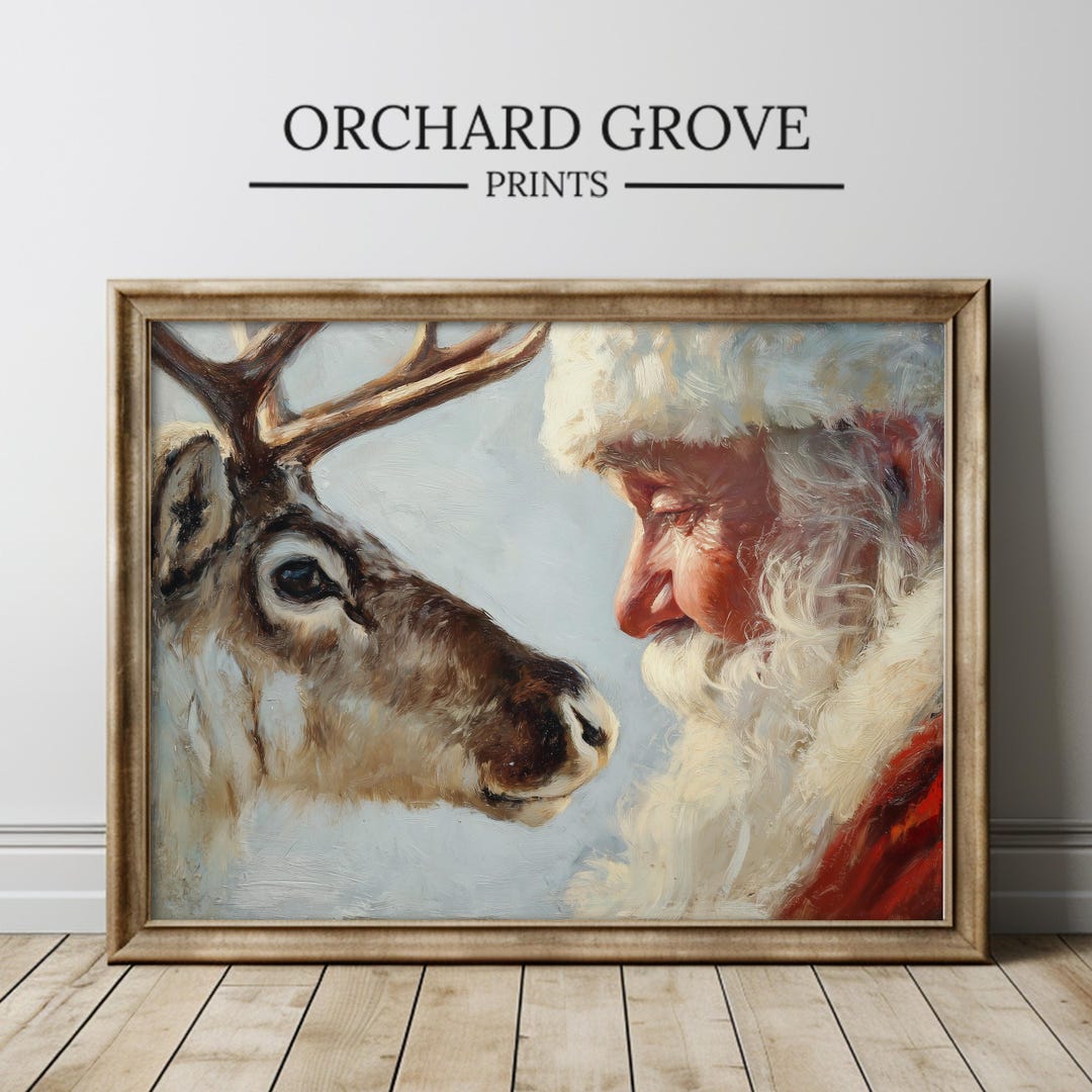Santa Reindeer Print, Vintage Christmas Wall Art, Cozy Rustic Holiday ...