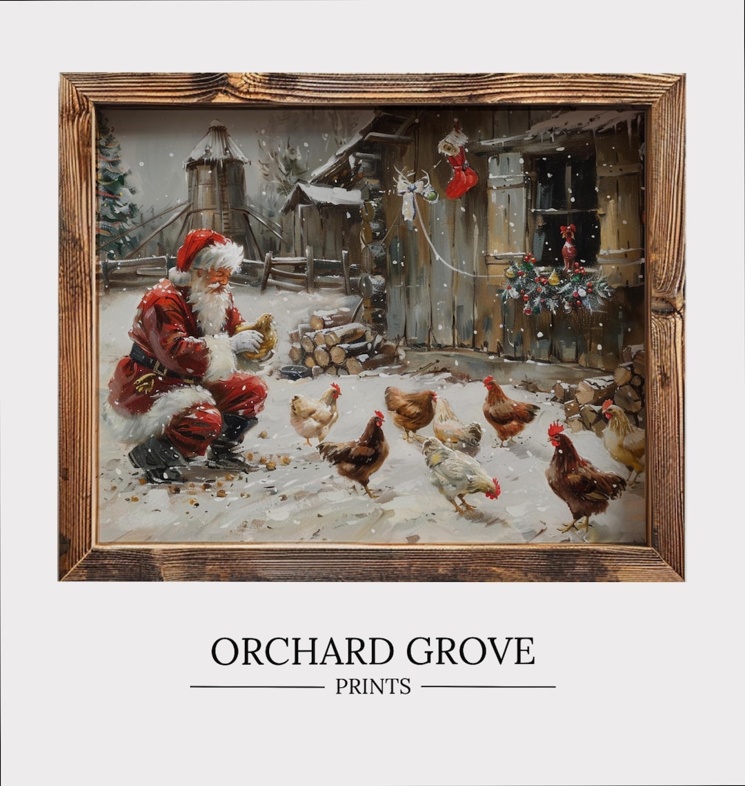 Santa Farm Print Santa Chickens Christmas Farm Art Cute Chicken ...