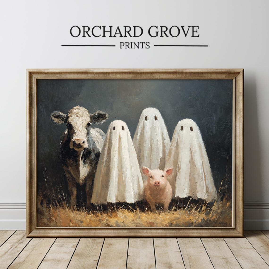 Ghostly Farm Animals Print, Rustic Ghost Wall Art, Halloween Cow Pig ...