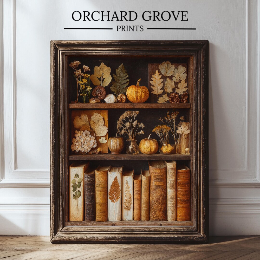 Autumn Bookshelf Wall Art, Dark Academia Cozy Fall Printable Decor ...
