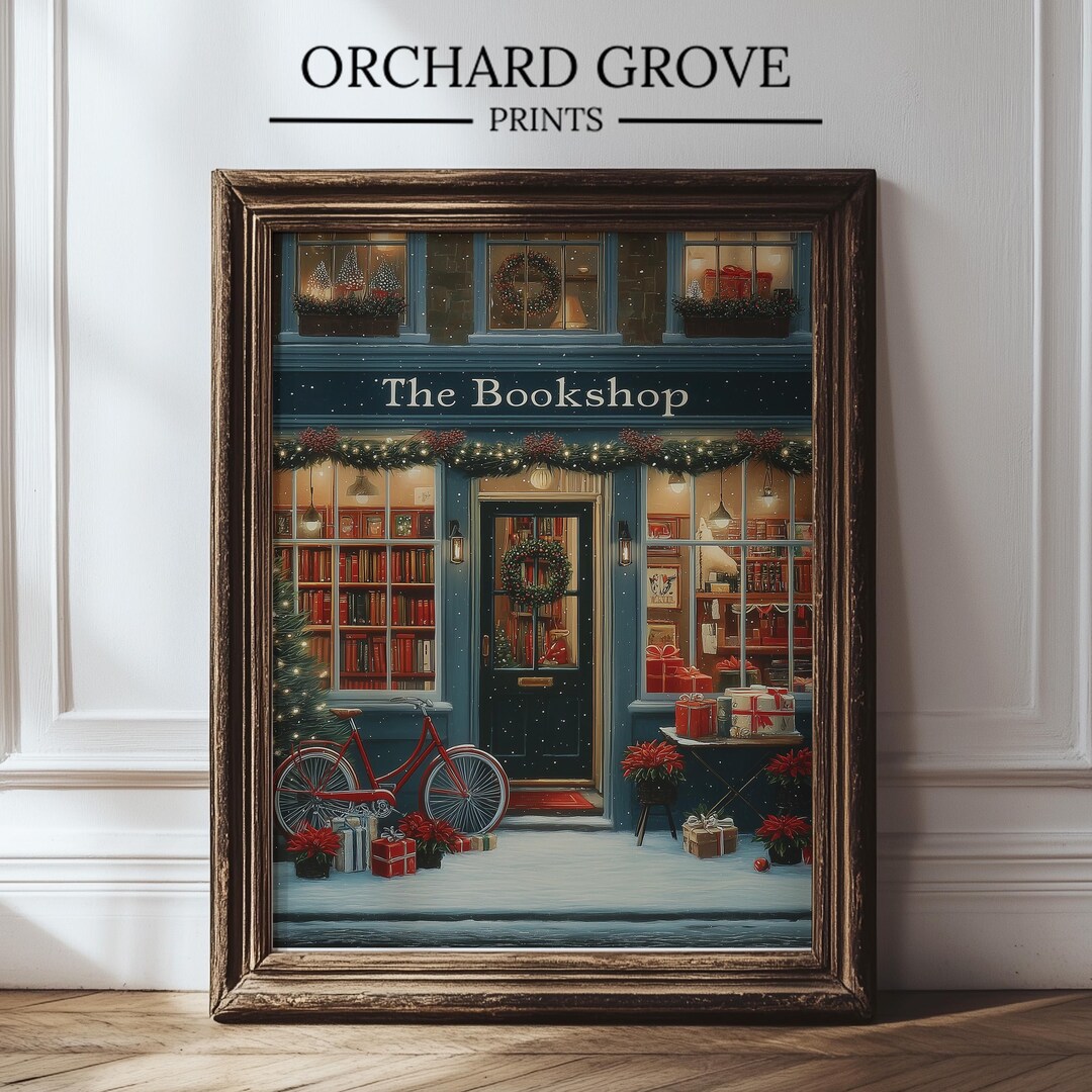 Christmas Bookshop Print, Book Lover Gift, Winter Bookstore Wall Art ...