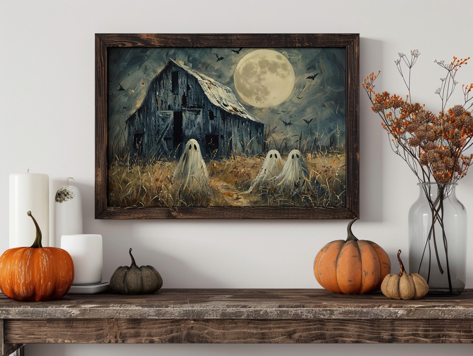 Cute Ghosts Haunted Halloween Farmhouse Spooky Barn Painting Vintage ...