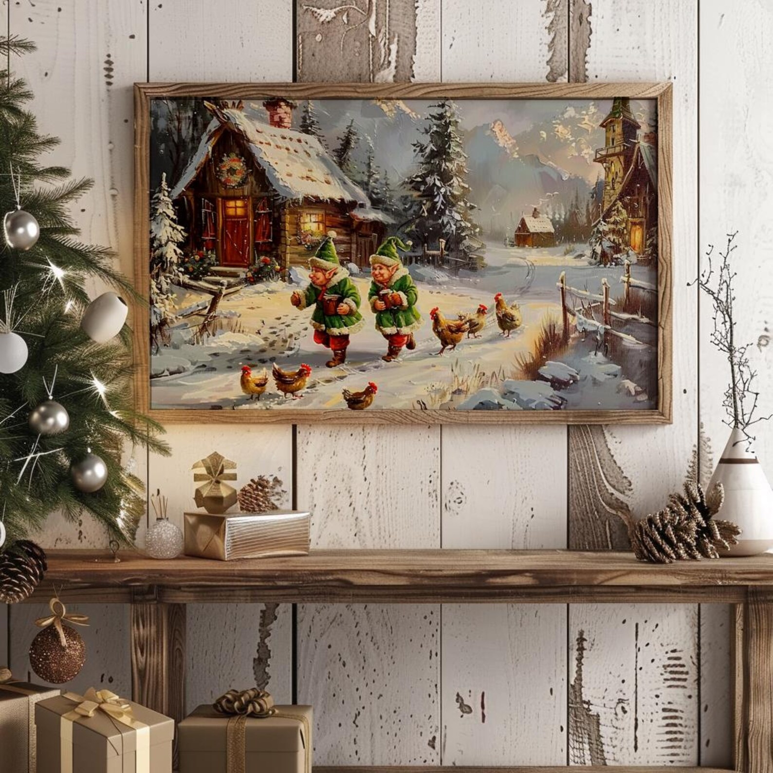 Santa Farm Print Elf Chickens Chicken Christmas Art Cute Chickens ...